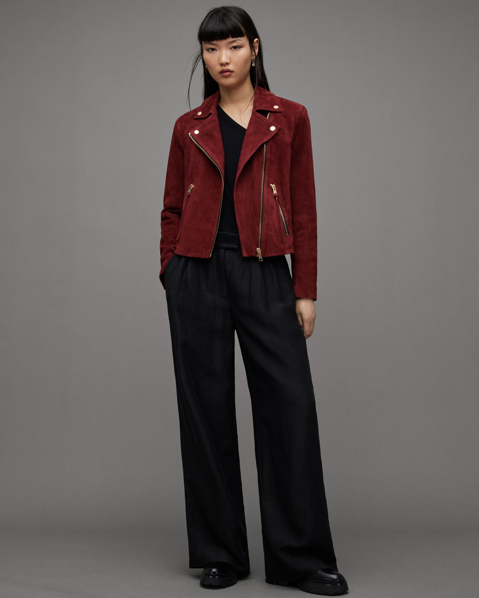 Dalby Slim Cropped Leather Biker Jacket CRANBERRY RED | ALLSAINTS