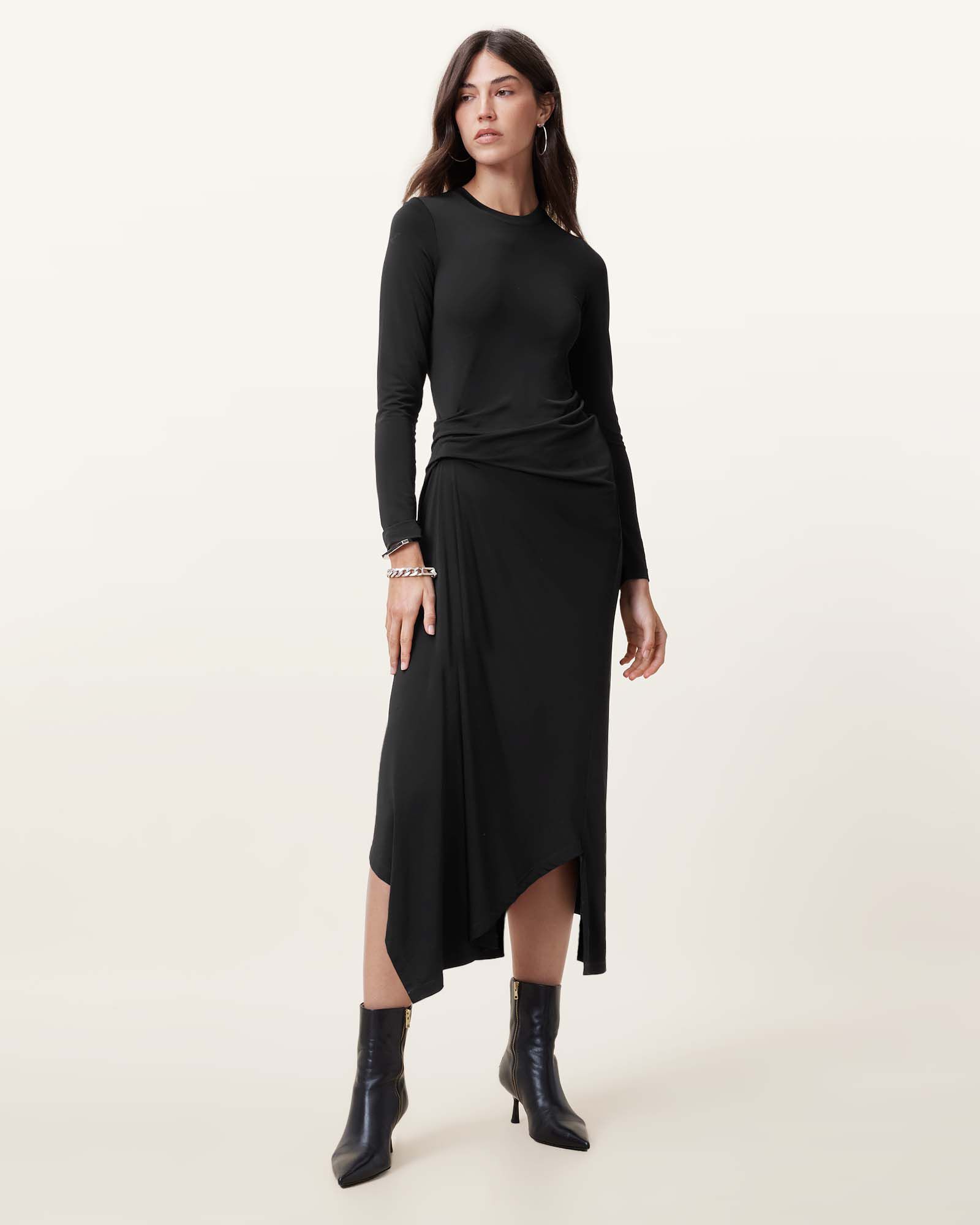 Rivi Draped Long Sleeve Midi Dress Black | ALLSAINTS