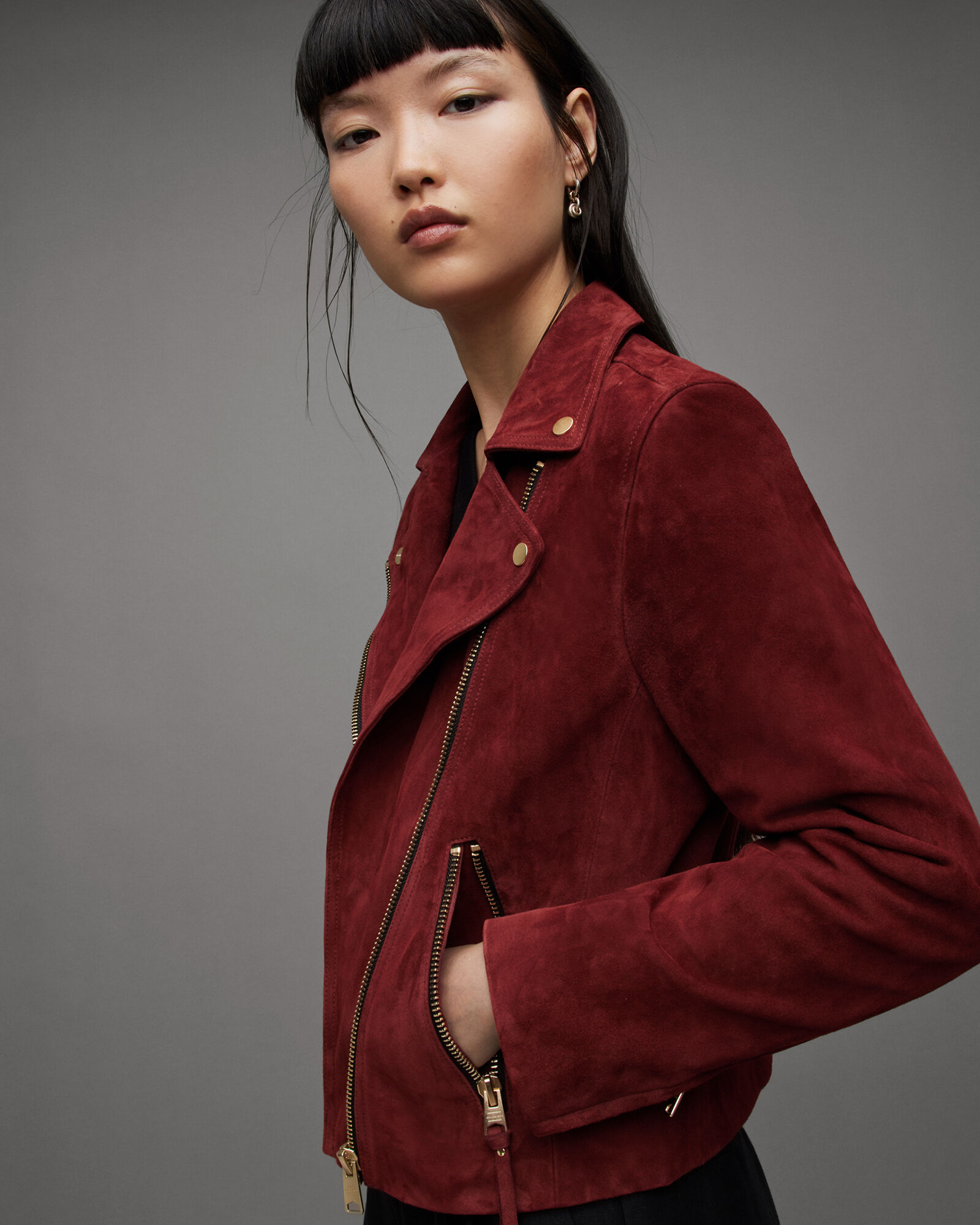 Dalby Slim Cropped Leather Biker Jacket CRANBERRY RED | ALLSAINTS