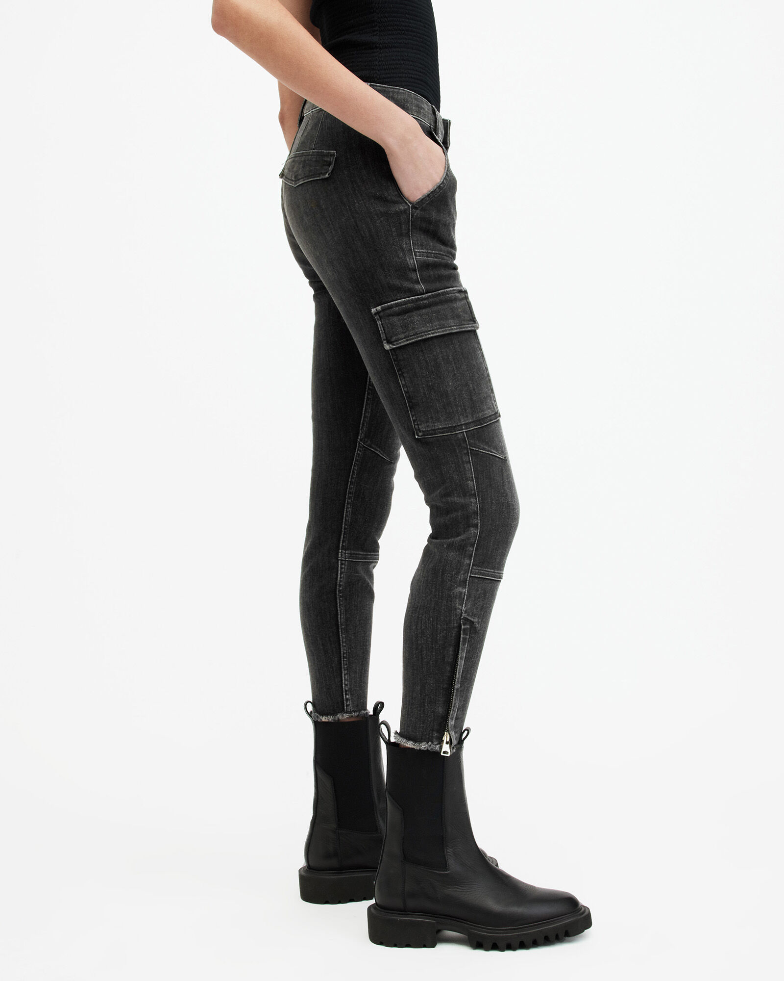 Duran Mid-Rise Skinny Cargo Denim Jeans Washed Black | ALLSAINTS US